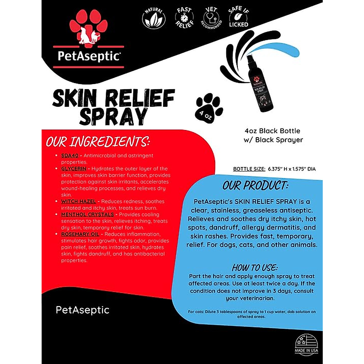 PetAseptic Skin Relief Spray for Dogs | Relieves Dry Itchy Skin, Hot Spots, Dandruff, Allergy Dermatitis, & Skin Rashes | Clear, Stainless, & Greaseless | Provides Fast, Temporary Relief | 4oz Spray