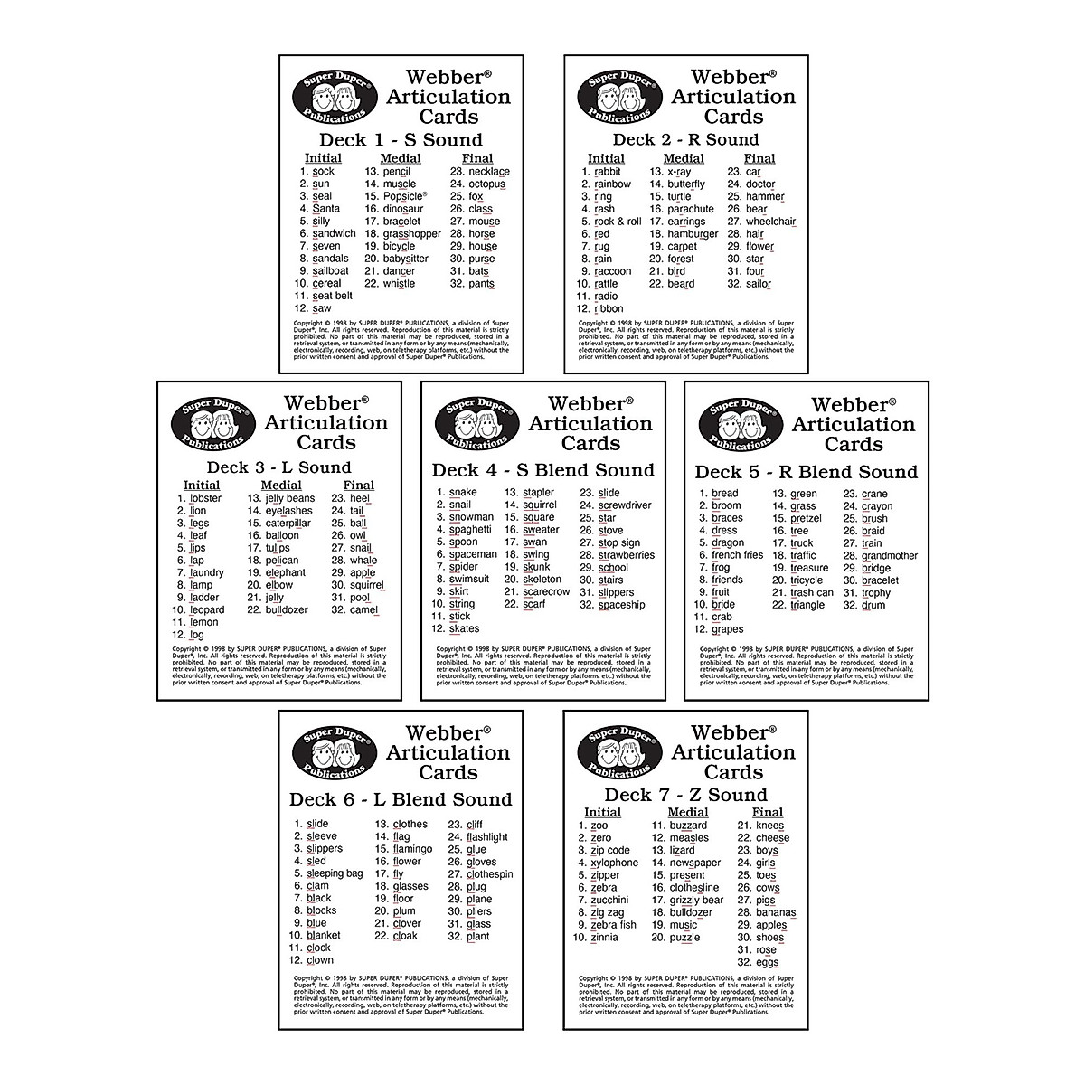 Super Duper Publications | Set of 7 Webber® Articulation Card Decks (Bundle Set 1) | Educational Learning Resource for Children | Flashcards for Speech Therapy