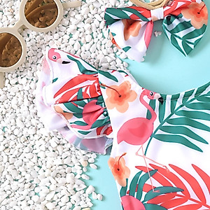 MINIFEIKO Toddler Baby Girl Tropical Swimsuit Newborn Girls One Piece Ruffle Bathing Suit with Headband Summer Bikini Swimwear for Infant Girls(Palm Leaf,12-18 Months)