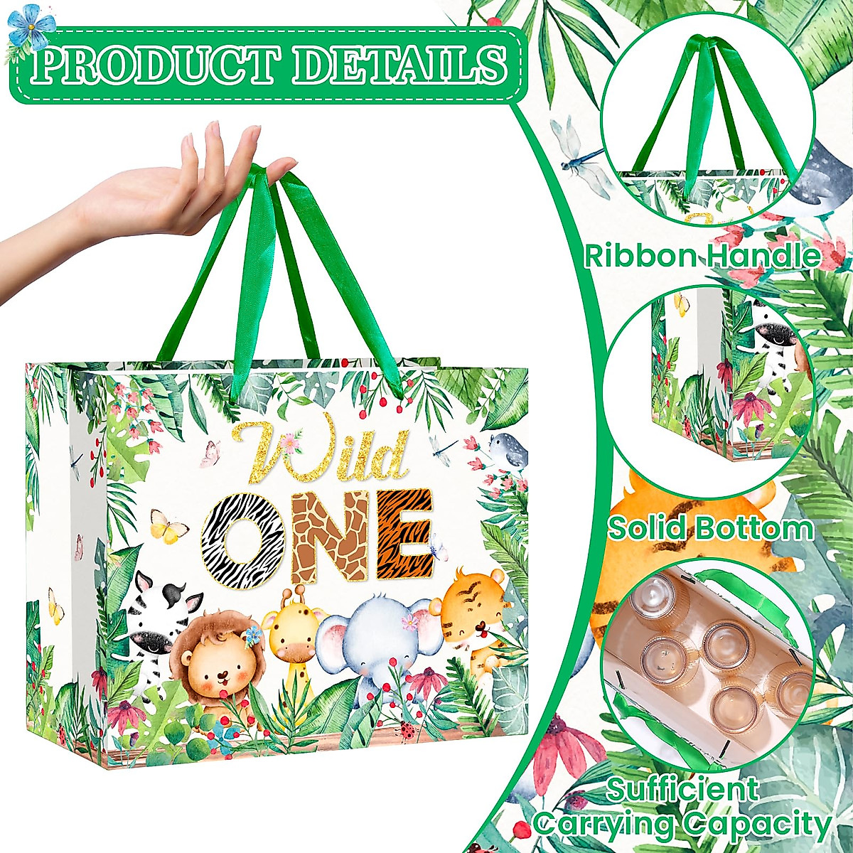 Yoirrat Wild One Birthday Decorations Large Wild One Gift Bags with Greeting Card for Boys 1st Birthday Wrapping Paper Bag Woodland Animal Print Gift Bag Baby Shower Christmas Birthday Party Supplies