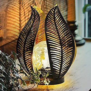 QZZP Garden Decor Solar Lights Outdoor, Crackle Glass Globe Palm Leaf Decorations, Waterproof LED Metal Flower Light for Yard Front Porch Patio Gardening Gift for Mom Grandma Women Birthday