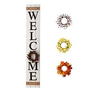 Glitzhome Wooden Welcome Sign for Porch Front Door Outdoor Rustic Farmhouse Vertical Hanging Wall Decor with Changable Wreathes, 60"H, White