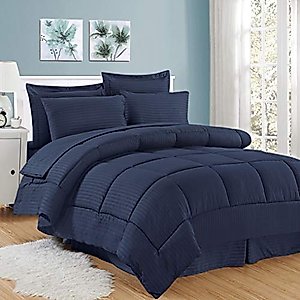 Sweet Home Collection 8 Piece Bed In A Bag with Dobby Stripe Comforter, Sheet Set, Bed Skirt, and Sham Set - King - Navy