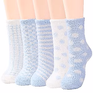 Zando Womens Fuzzy Socks for Girl Winter Socks Thick Warm Socks Fluffy Home Fuzzy Slipper Socks House Slipper Socks Bulk Cozy Comfy Plush Socks Sleeping Christmas Socks 5 Pairs Blue White Series