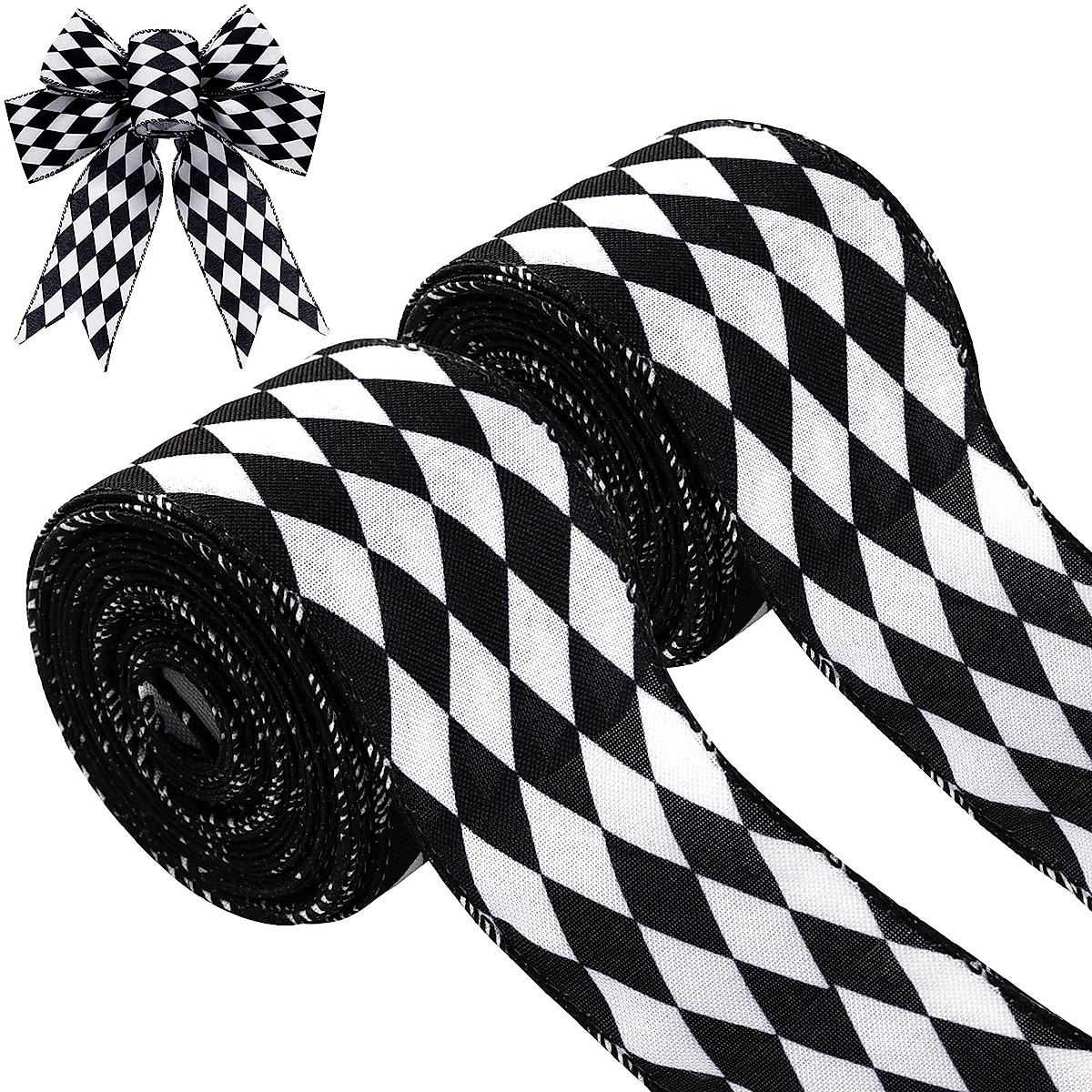 2 Rolls Christmas Checkered Ribbon Black and White Check Ribbon Diamond Check Wired Edge Ribbon Diamond Pattern Decorative Ribbons for Christmas Fall Tree Wrapping DIY Crafts (2.6 Inch)