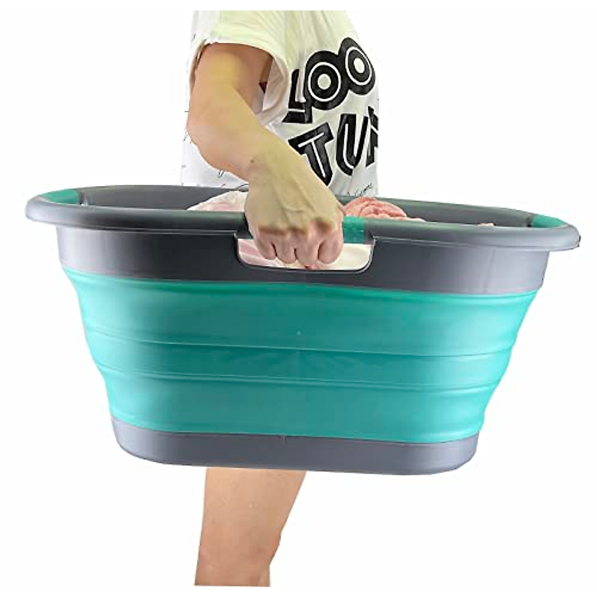 SAMMART 40L (10.5 gallon) Collapsible Plastic Laundry Basket - Foldable Pop Up Storage Container/Organizer - Portable Washing Tub - Space Saving Hamper/Basket (Purplish Blue + Turquoise Blue)