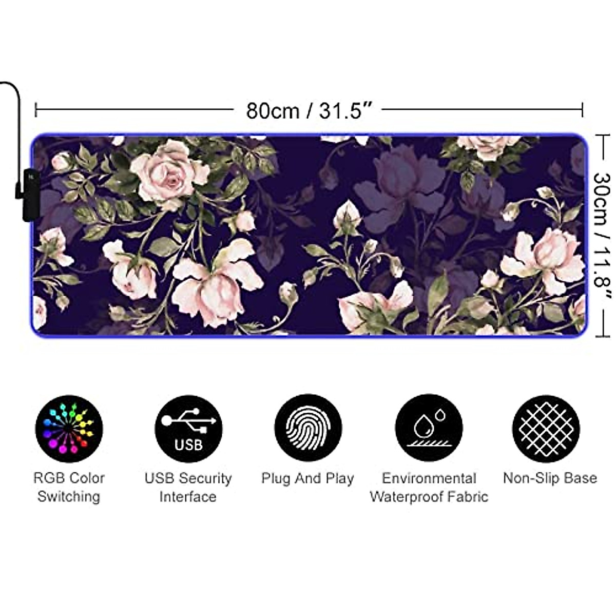 Mouse Pad Gaming, Pink Roses Watercolor Large Mouse Pads for Keyboard and Mouse Extended RGB Mouse Mat, Non-Slip Rubber Base XXL Mousepads for Desk Computer PC Laptop 31.5x11.8 Inch