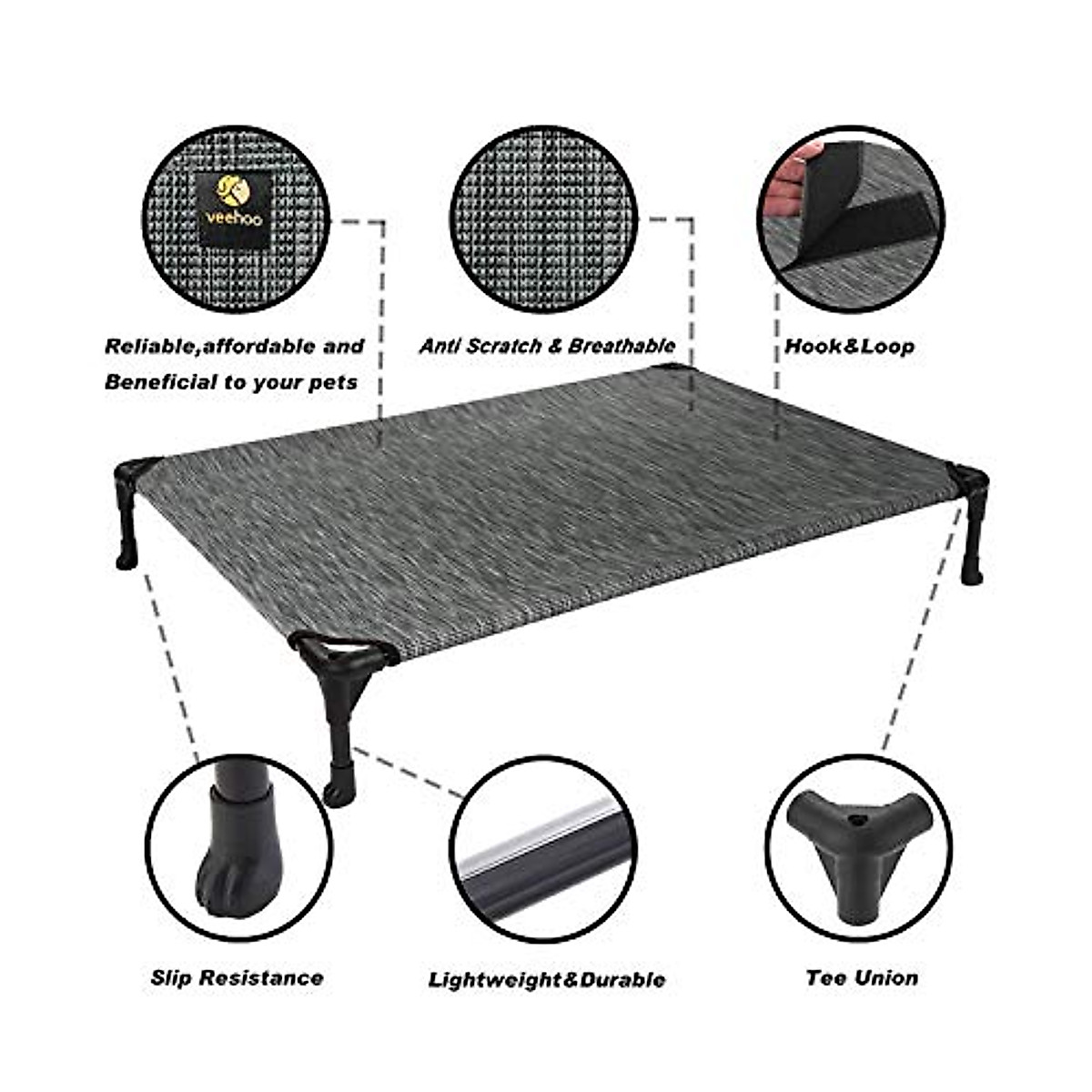 Veehoo Cooling Elevated Dog Bed, Portable Raised Pet Cot with Washable & Breathable Mesh, No-Slip Rubber Feet for Indoor & Outdoor Use, Large, Black Silver
