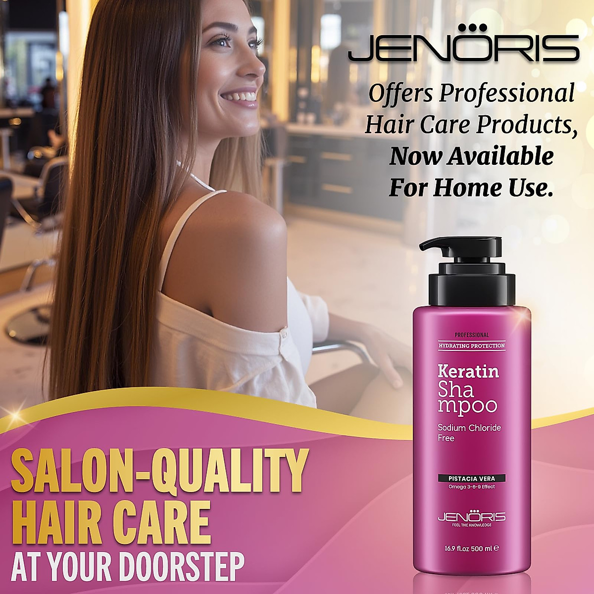 Jenoris Keratin Shampoo for Women, Moisturizing Shampoo for Keratin Treated Hair, With Natural Omega Oils, Salon Professional, Paraben & SLS Free, Smoothing Shampoo for Dry & Damaged Hair, 16.9 Fl Oz