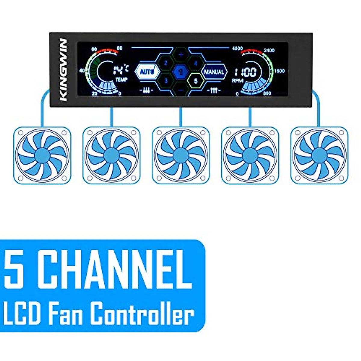 Kingwin FPX-007 Performance 5.25” Touchscreen LCD Fan Controller Cooling with Liquid Crystal Display Module. Features Temperature Monitor, RPM Display, and Fan Fail Alarm