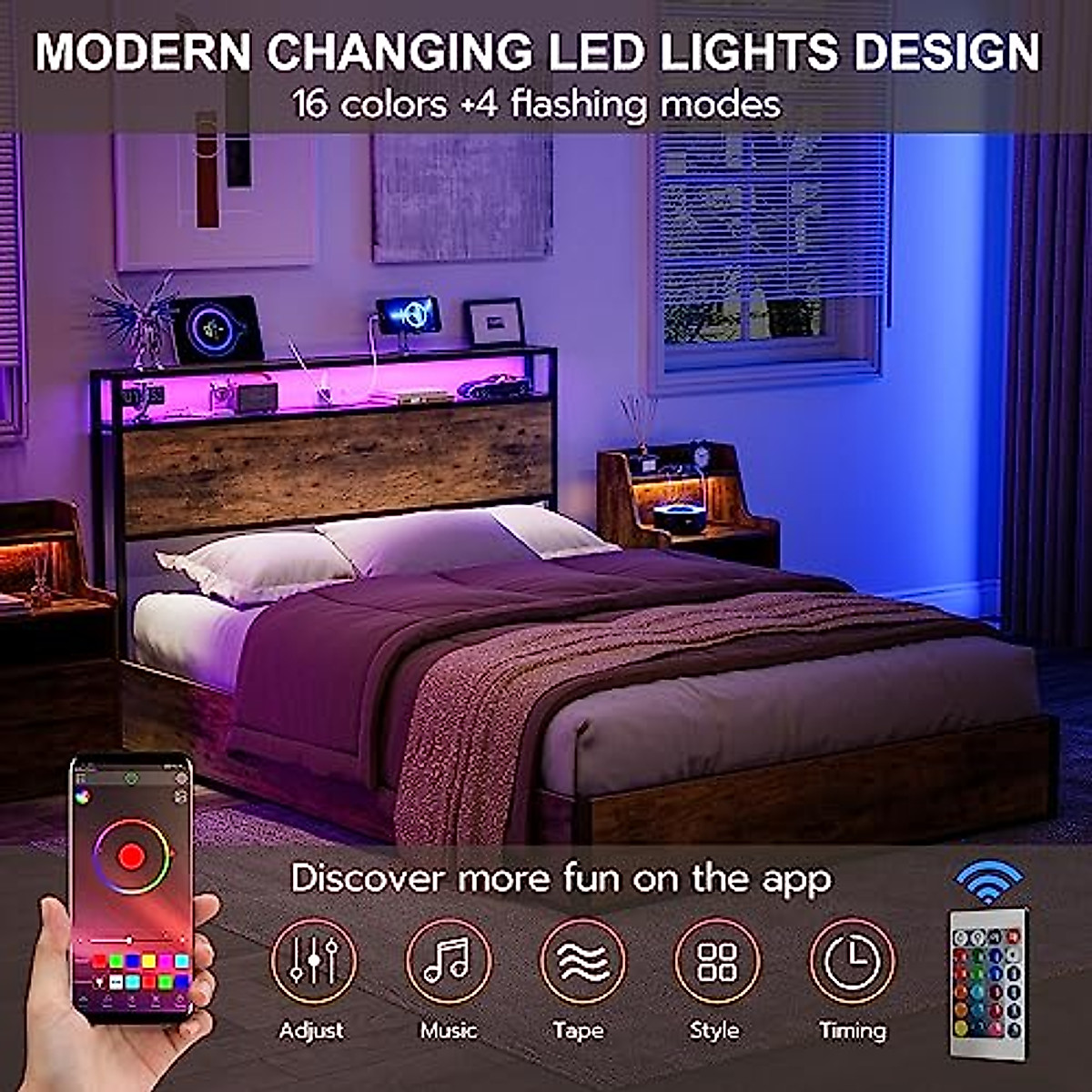 IKIFLY Queen Size Storage Headboard with LED Lights & Charging Station - Industrial Metal and Wood Queen Headboard Only for Bedroom, Attach Frame, Easy Assembly - Rustic Brown