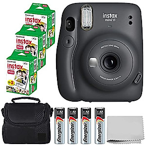 Fujifilm Instax Mini 11 Instant Camera - Charcoal Grey (16654786) + Fuji Instax Mini Twin Pack Instant Film (60 Sheets) + Batteries + Case - Instant Camera Bundle