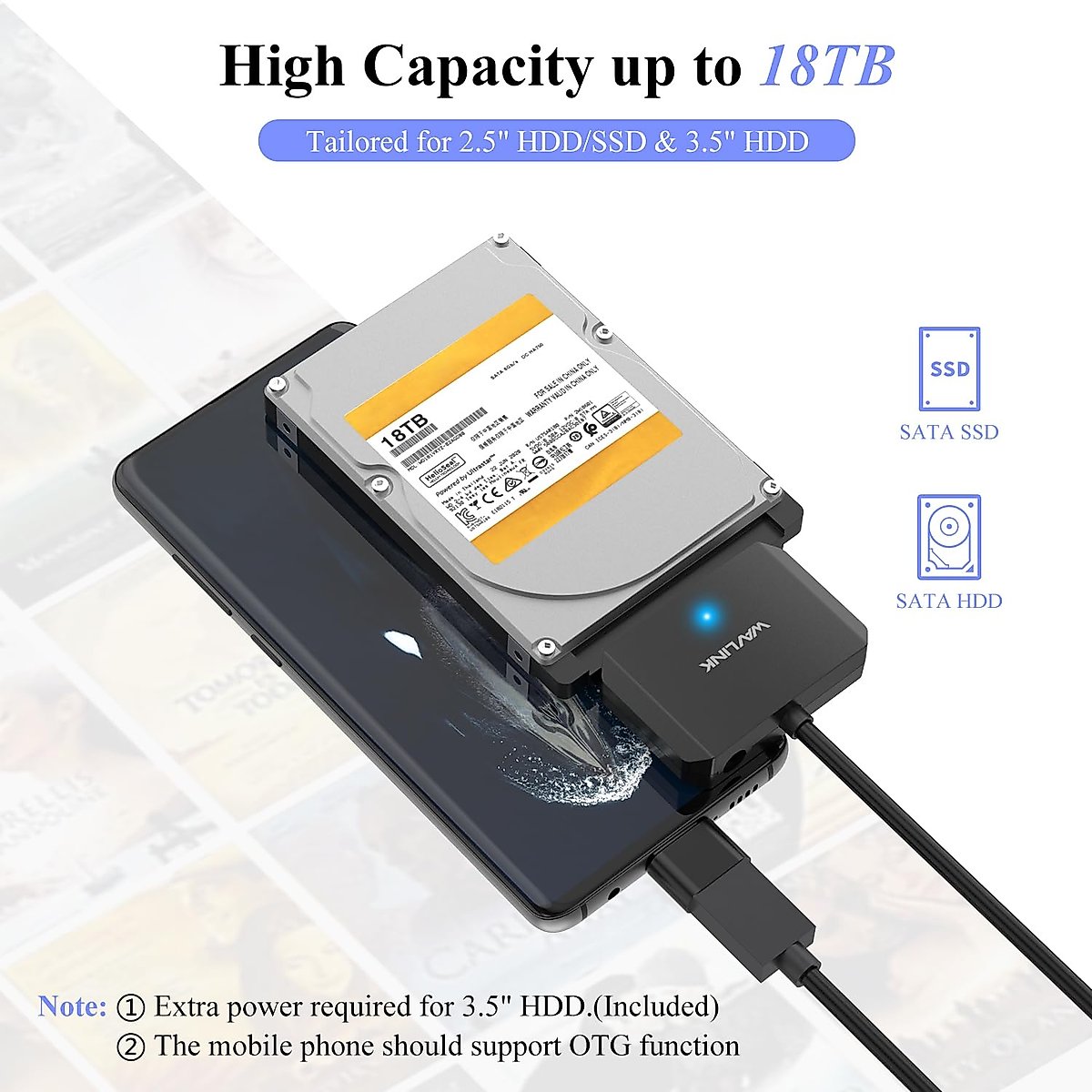 WAVLINK SATA to USB 3.0 Hard Drive Cable, 5Gbps USB3.0 to Sata Cable Support UASP, External Hard Drive SATA I/II/III Connector for 2.5, 3.5 inch HDD SSD Data up to 18TB - Include 12V/2A Power Adapter