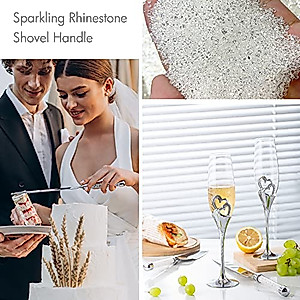 VARLKA Wedding Champagne Flutes and Cake Knife Server Set Wedding Gifts Toasting Glasses with Rhinestone Rimmed Hearts Decoration for Couple Bride and Groom, Cake Cutting Set of 4 for Wedding