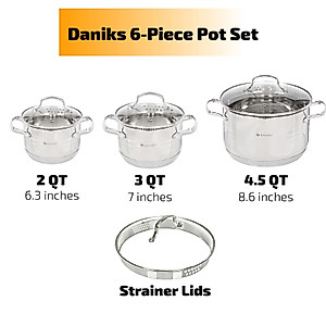 Daniks Tokio Stainless Steel 6-Piece Kitchen Cookware Set | Induction Pot | Pasta Pot with Strainer Lid | Dishwasher Safe | 2 Quart + 3 Quart + 4.5 Quart | Silver