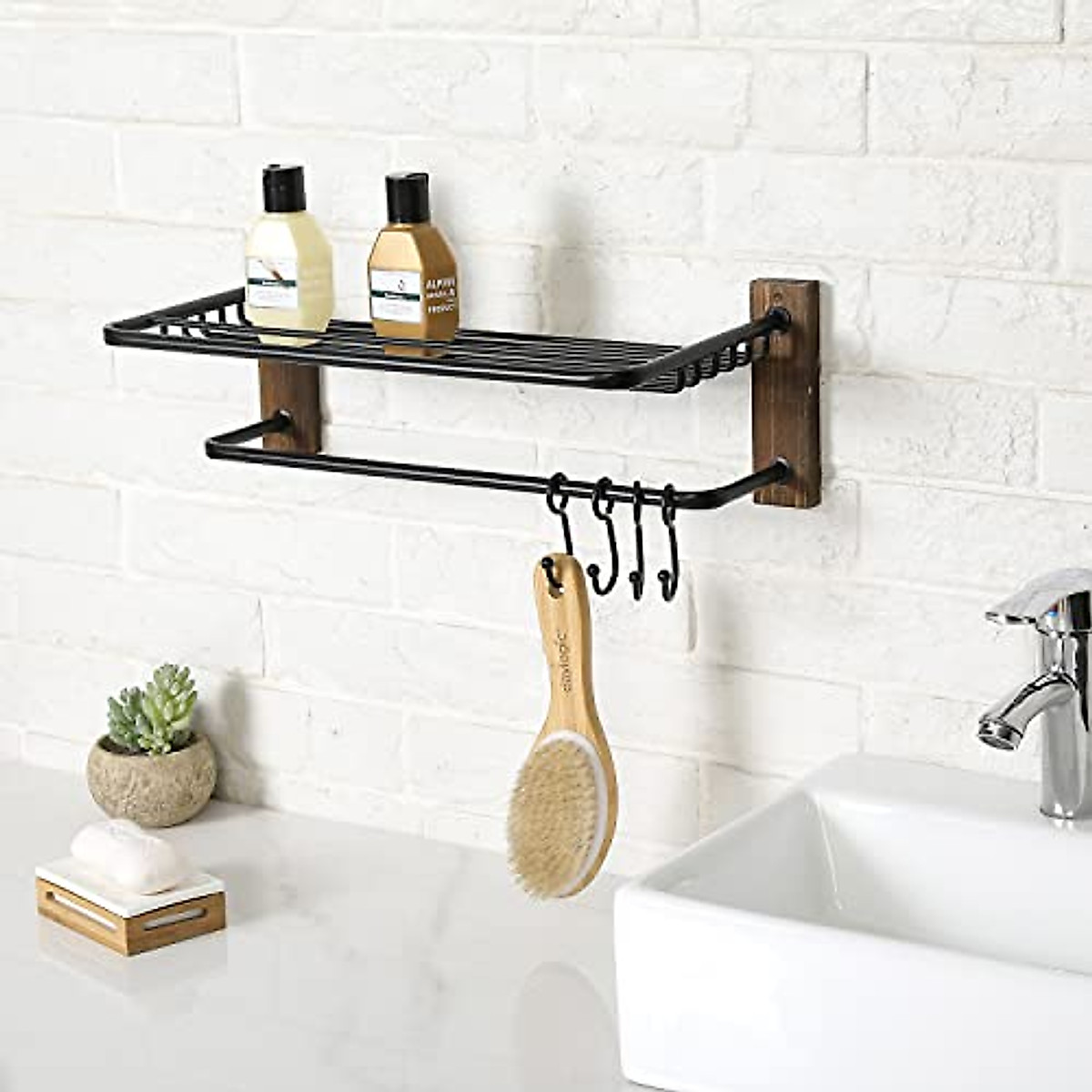 MyGift Wall Mounted Black Metal 2 Tier Bathroom Shelf and Hand Towel Bar Rack with Sliding Hanger Hooks and Solid Burnt Wood Mounting Brackets