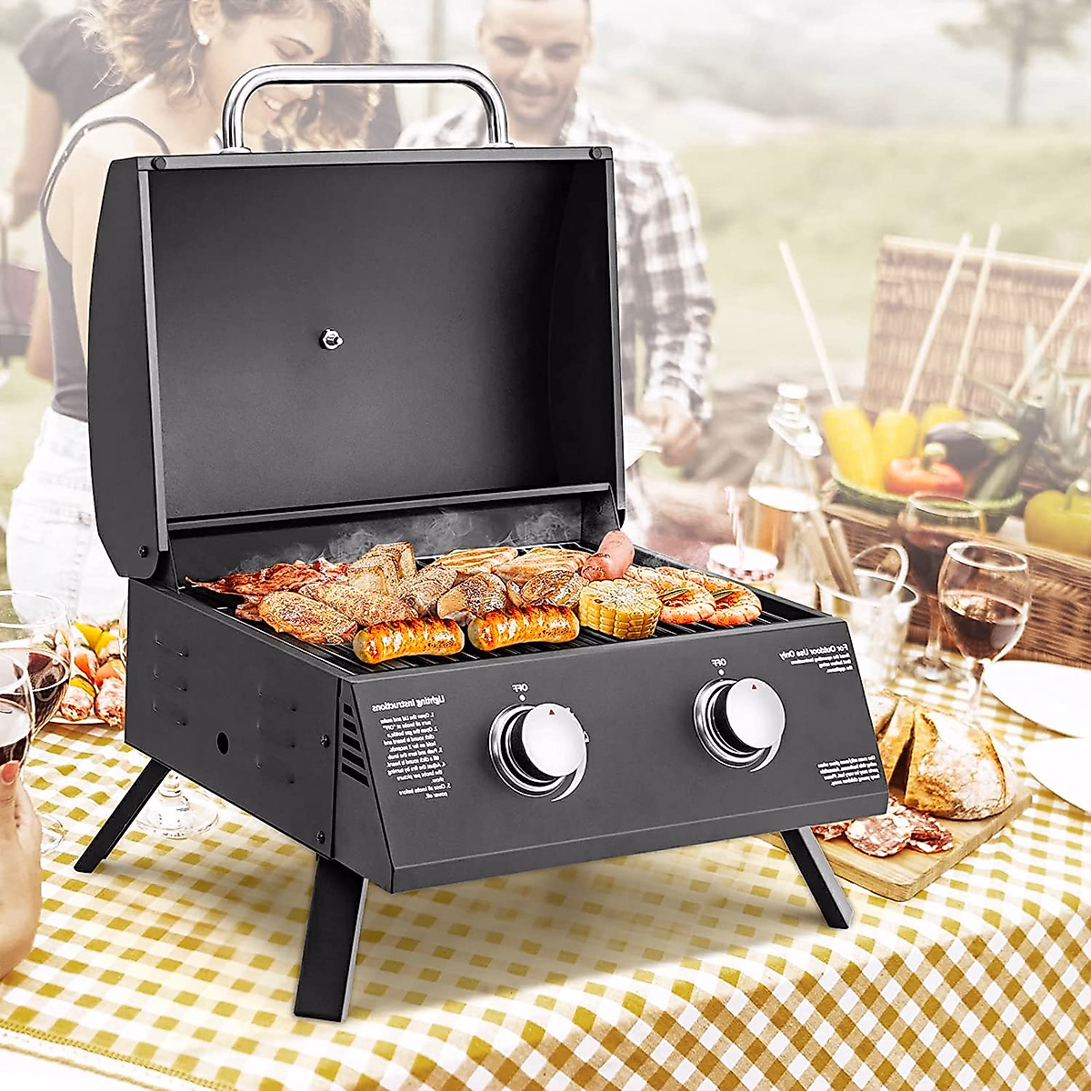 Grill Portable Gas Grill, 20,000 BTU Two Burner Tabletop Barbecue Grill w/Built-in Thermometer, Grease Tray, Waterproof Top Lid, Folding Legs, Compact Propane Grill for Backyard, Camping, Picnic