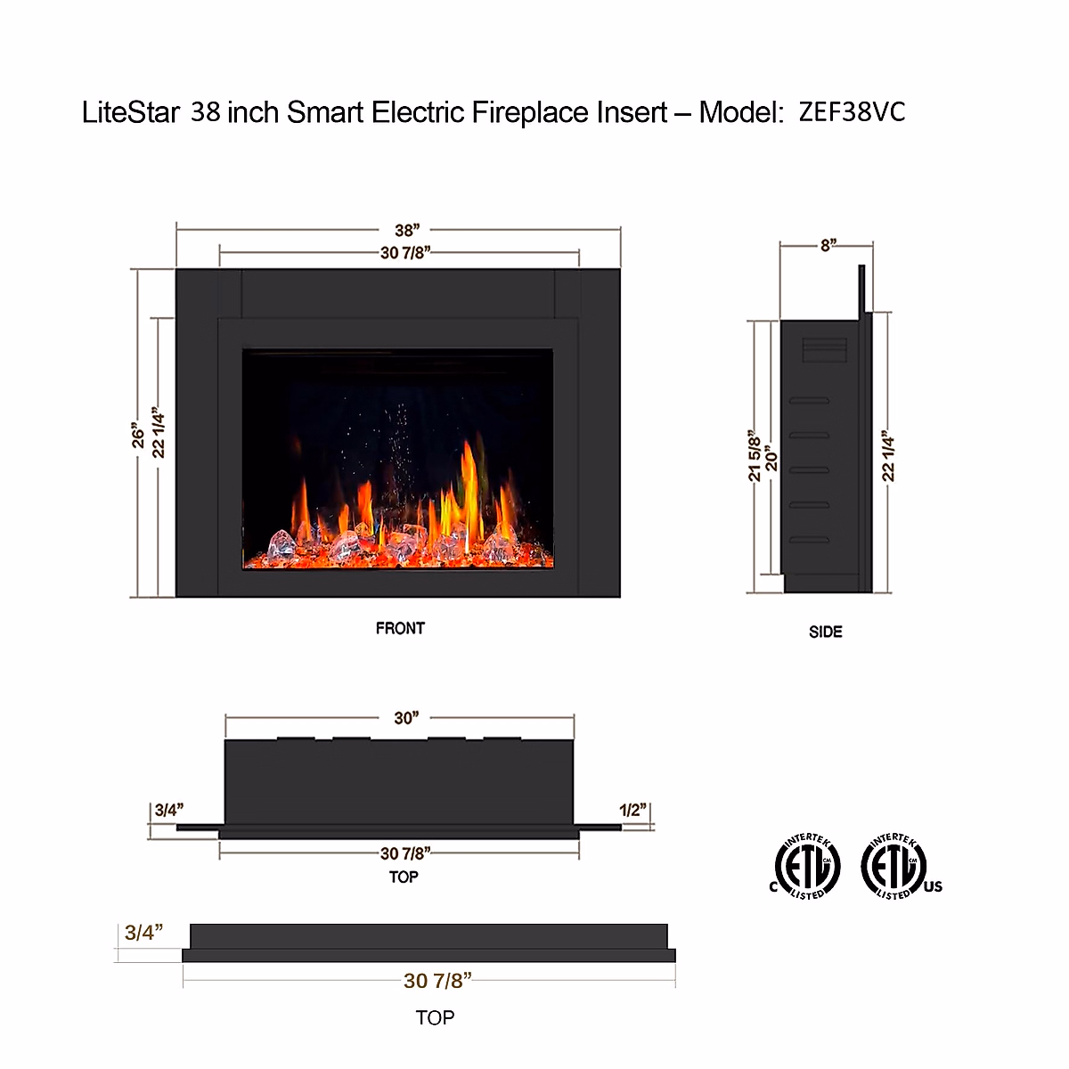 Litedeer Homes LiteStar 38" Smart Electric Fireplace Insert with App, Crackling Fire Sounds, Diamond-Like Crystal, Black - ZEF38VC-C