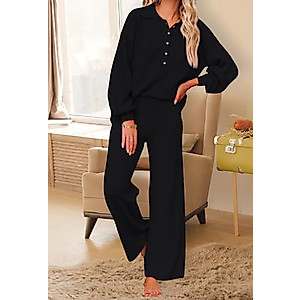 Pink Queen Women's 2 Piece Workout Set V Neck Button Pullover Sweater Top Wide Leg Pants Loungewear Sweatsuits Black L