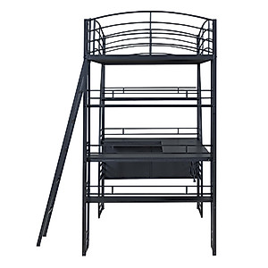 Harper & Bright Designs Metal Twin Size Loft Bed with L-Shaped Desk and Storage Shelves, Twin Loft Bed with USB Ports and Wireless Charging, High Junior Loft Bed Frame for Kids Boys Girls,Black