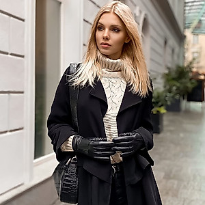 Harssidanzar Womans Leather Gloves,Winter Warm Fleece Lining Touchscreen Texting Warm Driving Lambskin Leather Gloves GL018,Black, Size M