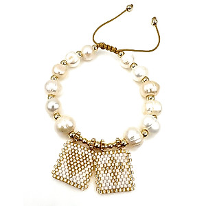 LESLIE BOULES White Gold Scapular Love Bracelet for Women Baroque Pearls Beads