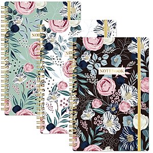 Spiral Notebook - 3 Pack A5 Lined Notebook, Spiral Journal for Women, 5.7" x 8.4", 160 Pages, College Ruled Writing Notebook with Back Pocket, 100gsm Paper, Elastic Closure for Office & School