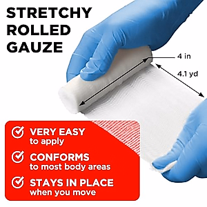 Premium Gauze Rolls - (24 Pack) - 4" x 4.1yd Breathable Rolled Gauze - Individually Wrapped + Bonus Tape - First Aid Conforming Gauze Wrap Roll for Wounds