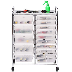 Giantex 15 Drawer Rolling Storage Cart Tools Scrapbook Paper Office School Organizer, Clear
