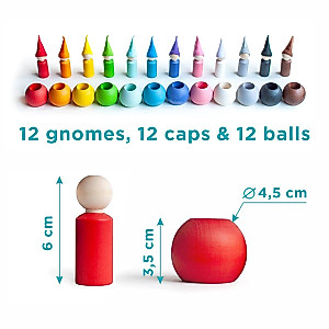 Ulanik Peg Dolls in Balls with Hats Toddler Montessori Toys for 3 Year Old + Wooden Waldorf Dolls for Learning Color Sorting and Counting — 12 Gnomes, 2.36 in