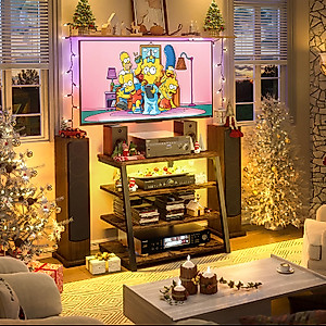 armocity 4-Tier AV Media Stand with Power Strips, Corner TV Stand with LED Lights, Rack Audio Tower with Adjustable Shelves, Corner Entertainment Center, 30'', Rustic Brown