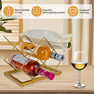 nice-won Wine Rack Countertop - 5 Bottle Freestanding Modern Gold Metal Small Wine Rack Tabletop Wine Bottle Holder Stand for Cabinet Pantry Dining Table Wine Bottle Storage with Reusable Wine Bags