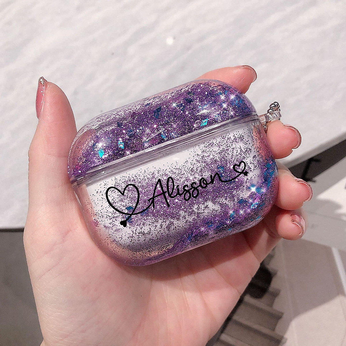 Purple Glitter Case For AirPods Pro Custom Name Keychain Protective Liquid Quicksand Personalized Pods 3 Cover Gift For Men Women MN2