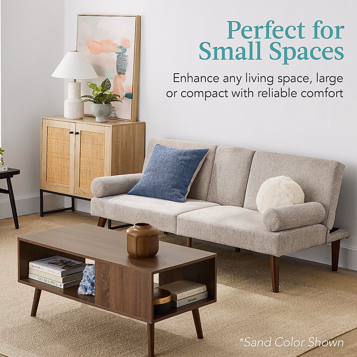 Best Choice Products Mid-Century Modern Upholstered Futon, Convertible Folding Sofa Bed, Small Couch w/Rounded Armrests, 2 Cupholders - Black