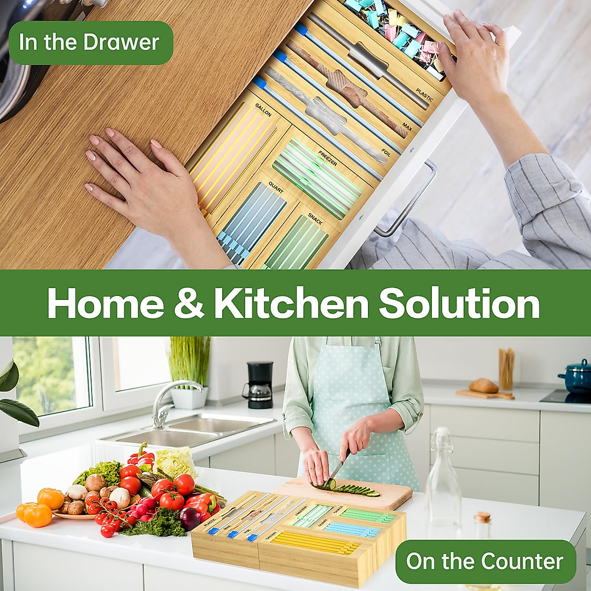 8 in 1 Plastic Wrap Dispenser with Cutter and Bag Organizer, Bamboo Plastic Bag Organizer for Drawer, Kitchen Organizers and Storage, Kitchen Drawer Organizer for Gallon,Quart,Sandwich,Snack Bag