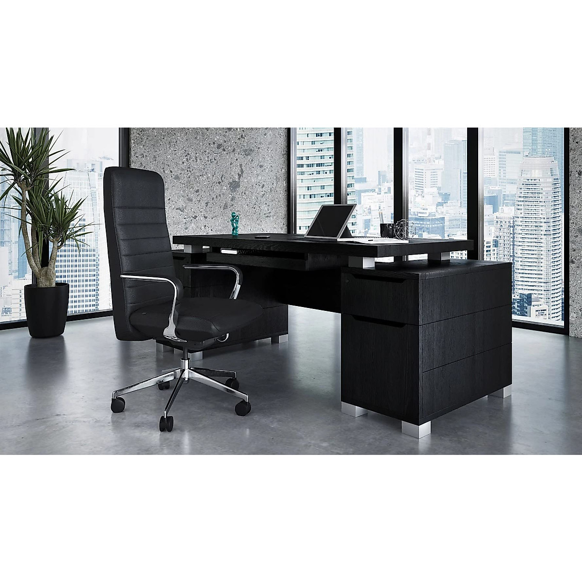 Zuri Furniture 79" Modern Ford Executive Desk with Filing Cabinets - Black Oak