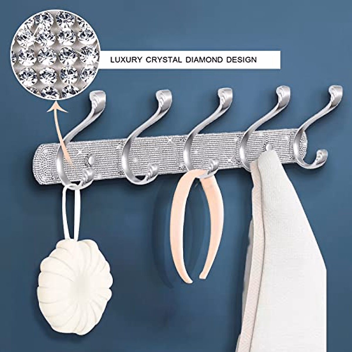 BlackFish Coat Rack Wall Mount,Shiny Silver Rhinestones Wall Mounted Coat Rack 5 Hooks,Key Hooks Decorative for Wall,Double Coat Hook Wall Hook Rack Suitable for Coat Hat Towel Purse Robes（1 Pcs