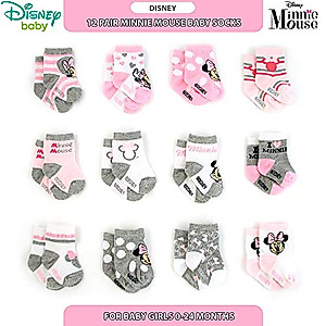 Disney Baby Girls Socks - 12 Pack Soft Newborn Baby Socks Character Prints - Cute Newborn and Infant Socks, 0-24M, Size 12-24 Months, Minnie Mouse Pink/Grey