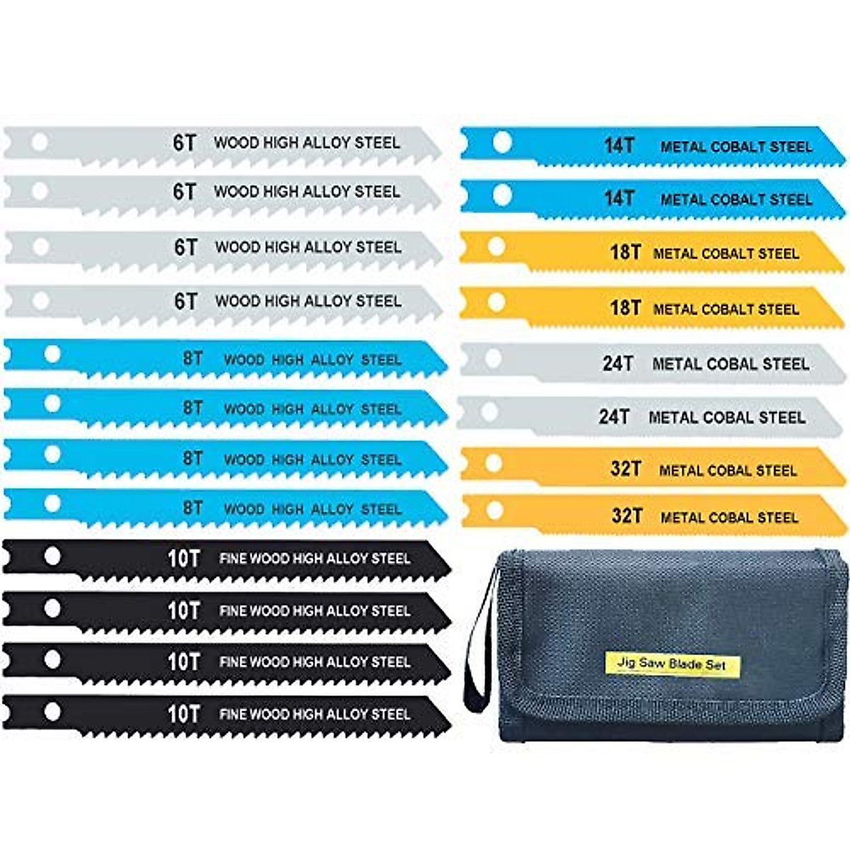 20-Piece Universal Jig Saw Blade Set for Wood,Plastic and Metal Cutting with Tool Bag Universal Design fits All Name Brand and Import jig saws