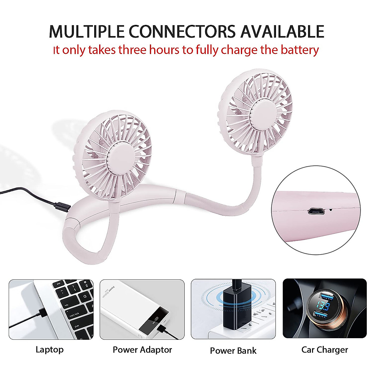 SkyGenius Rechargeable Hand Free Portable Neck Fan, Battery Operated Mini Personal Necklace Fan(Pink)