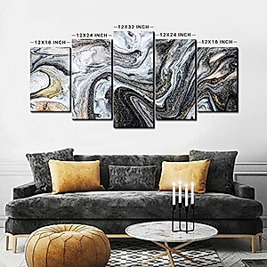 Abstract Canvas Wall Art, Black and Gold Office Wall Decor 5 Piece Set 60"W x 32"H, Large Modern Minimalist Grey Fluid Marble Texture Pictures Painting Artwork for Living Room Bedroom Home Decorations