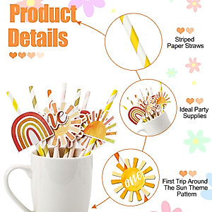 Perkoop 60 Sets First Trip Around the Sun Birthday Party Paper Straws Sun Themed Stripes Straws Rainbow Drinking Straws for Sun 1st Birthday Theme Party Baby Shower Favors Decorations