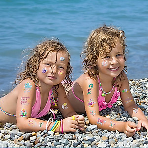Mermaid Glitter Temporary Tattoos for Kids, 4 Sheets Bronzing Fake Tattoos for Girls, Cute Under Sea Animal Body Arm Shoulder Tattoos Stickers Waterproof Tattoos, Party Favors Supplies Decor Gifts