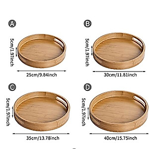 Bamboo Wood Round Tray w/Handles, Tea & Coffee Table Decorative Serving Tray Food Storage Platters for Serving Beverages & Food on Bar Living Room Home Dining Table (C - 35 cm/ 13.78 inch)