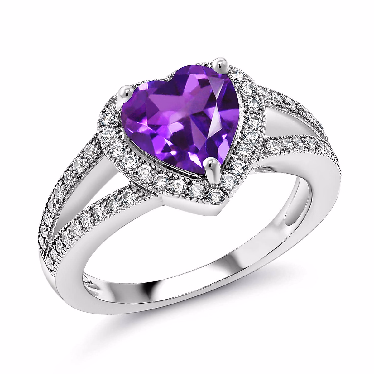Gem Stone King 925 Sterling Silver Purple Amethyst and White Moissanite Ring For Women (2.31 Cttw, Gemstone February Birthstone, Heart Shape 8MM, Available In Size 5,6,7,8,9)