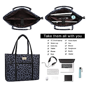 MOSISO USB Charging Port Laptop Tote for Women, Compatible with MacBook, 17-17.3 inch Notebook and Chromebook, Leopard Grain Work Handbag Business Computer Bag with Small Purse, Black
