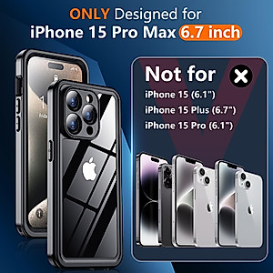 Justcool for iPhone 15 Pro Max Case Waterproof [14FT Military Dropproof] [IP68 Underwater] Built-in Screen Protector & [Tempered Glass Camera Lens Protector] Full Body Shockproof Phone Case, Black