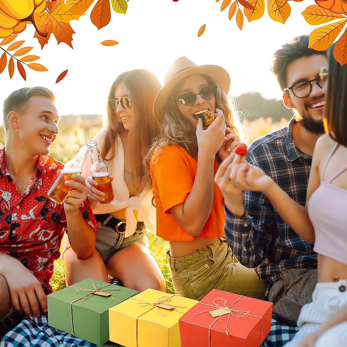 Lincia 12 Set 8'' x 8''x 4'' Fall Gift Boxes Thanksgiving Square Cardboard Box with Lid Bulk Bridesmaid Proposal Gift Box with Jute Rope and Tag for Women Gift Wrapping