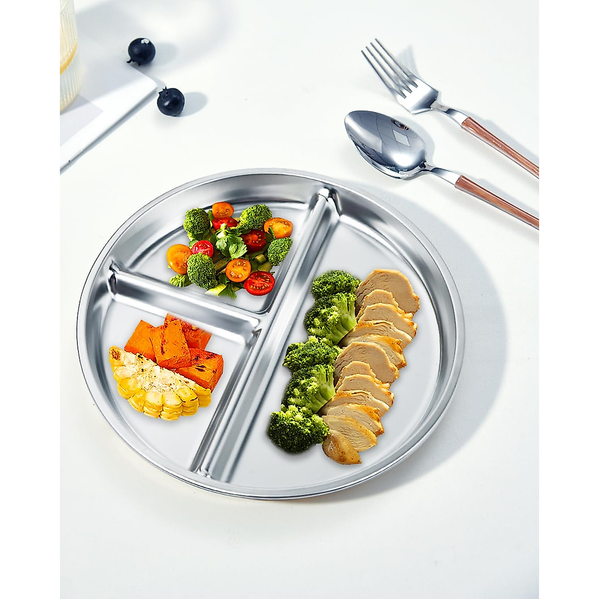 Bakpoco Stainless Steel Kids Plates 2 Packs, 9" Portion Control Plate Divided Plates for Adults Bariatric Weight Loss & Diabetic Diet, [Non Toxic Unbreakable] Toddlers Lunch Dishes, Camping Food Tray