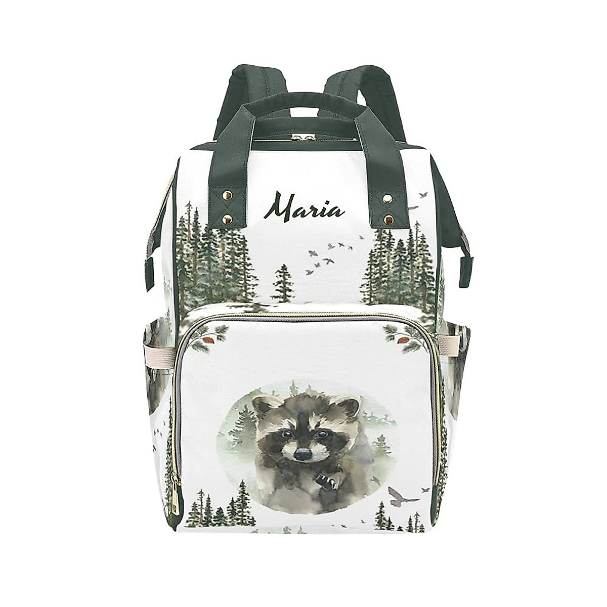 Woodland Forest Raccoon Diaper Bag Backpack with Name for Men Women Custom Personalized Nursing Baby Bags Shoulders Travel Bag Daypack